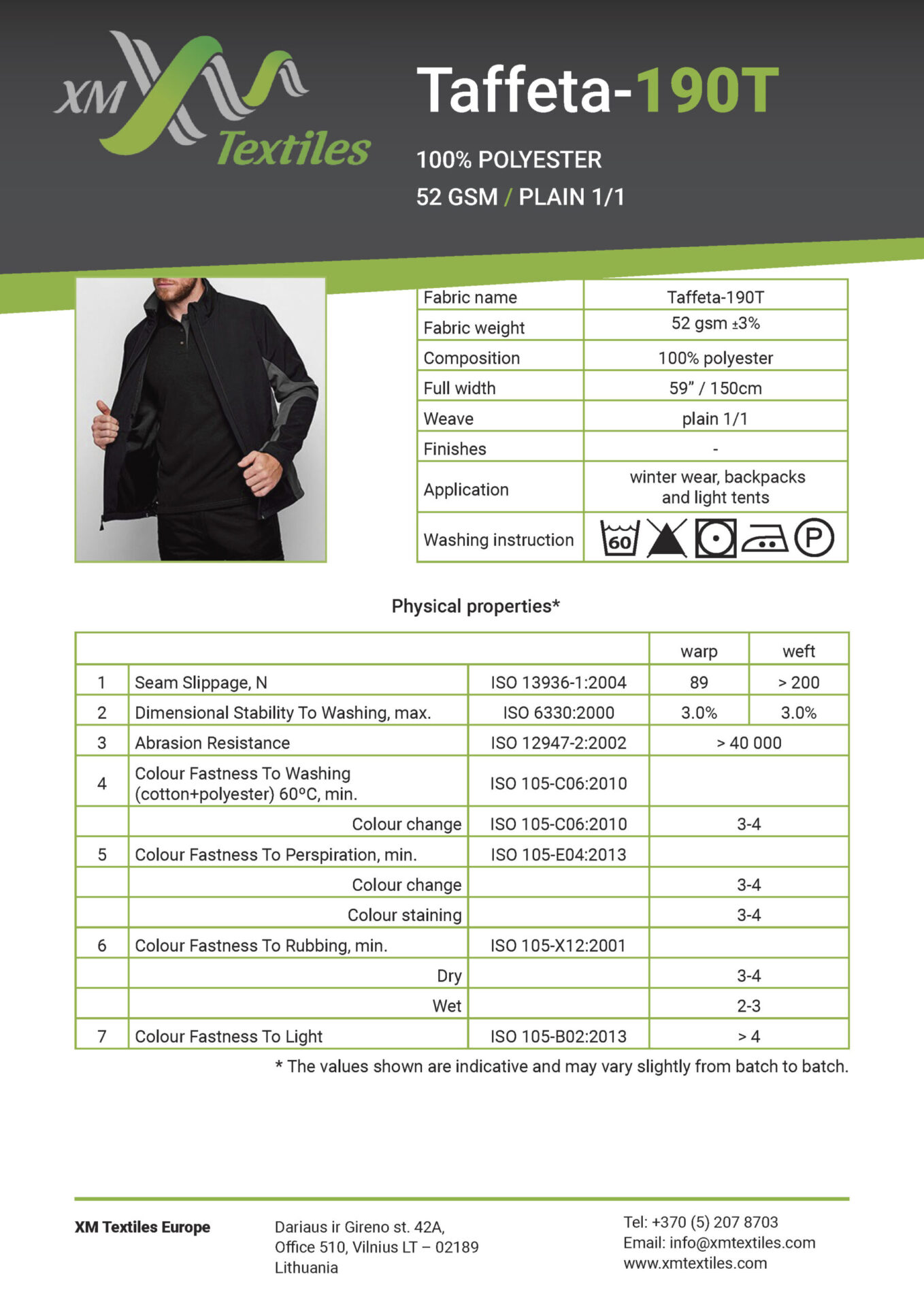 Taffeta-190T-specification.pdf | XM Textiles - Fabrics for workwear
