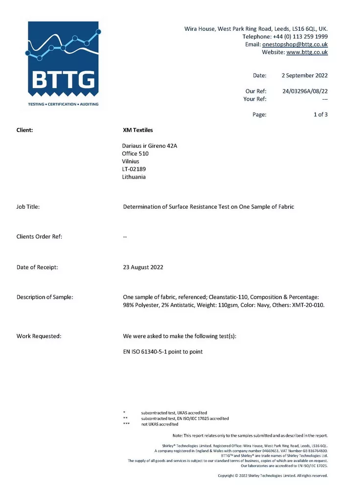 Cleanstatic-110: EN-61340-5-1 (BTTG test report) | XM Textiles ...