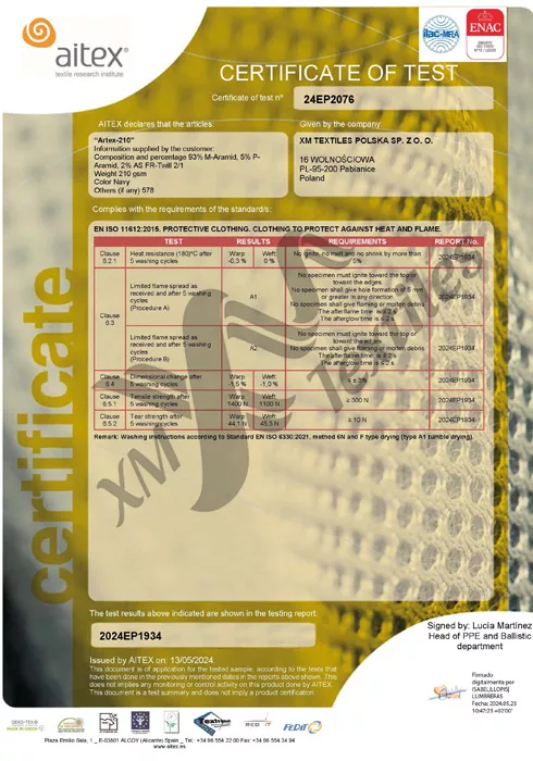 Certificates, Test-reports & TDS | XM Textiles - Fabrics for Workwear